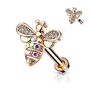 Amelia Fashion 16 Micro CZ Paved Bee with AB Crystals Internally Threaded 316L Surgical Steel for Labret, Monroe, Cartilage, and More (Rose Gold - 16GA (1.2mm) - L.1/4" (6mm))