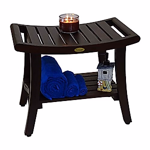 DecoTeak Harmony Shower Bench 24" Solid Teak Wood Shower Bench with Shelf and LiftAide Arms 300 Pound Weight Capacity Shower Stool in Woodland Brown Finish