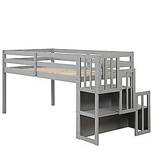 HomSof Loft Bed with Stairs and Storage,Gray