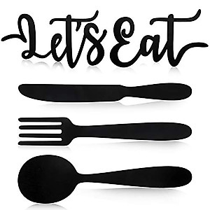Yerliker 5 Pieces Let's Eat Sign, Wooden Fork Spoon Knife Sign Wall Decor, Rustic Cutout Eat Kitchen Decor for Home Dining Living Room Bar Cafe Restaurant (Black)