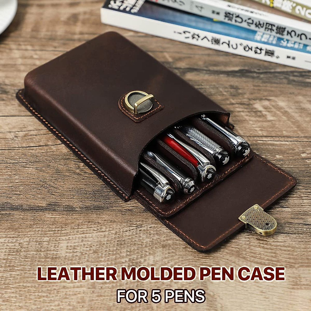 Hiram Handmade Crazy Horse Cowhide Leather Pen Storage Organizer with Plug-in Brass Lock,Genuine Leather 5 Slots Molded Pen Collection Display Case with Removable Pen Tray-Coffee