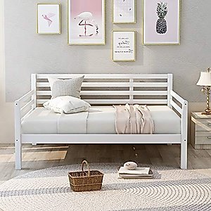 Myshle Full Size Daybed Frame, Wooden Full Day Bed with Wood Slat Support, Upgraded Full Bed Frame, Full Size Sofa Bed for Bedroom, Living Room, No Box Spring Needed, White