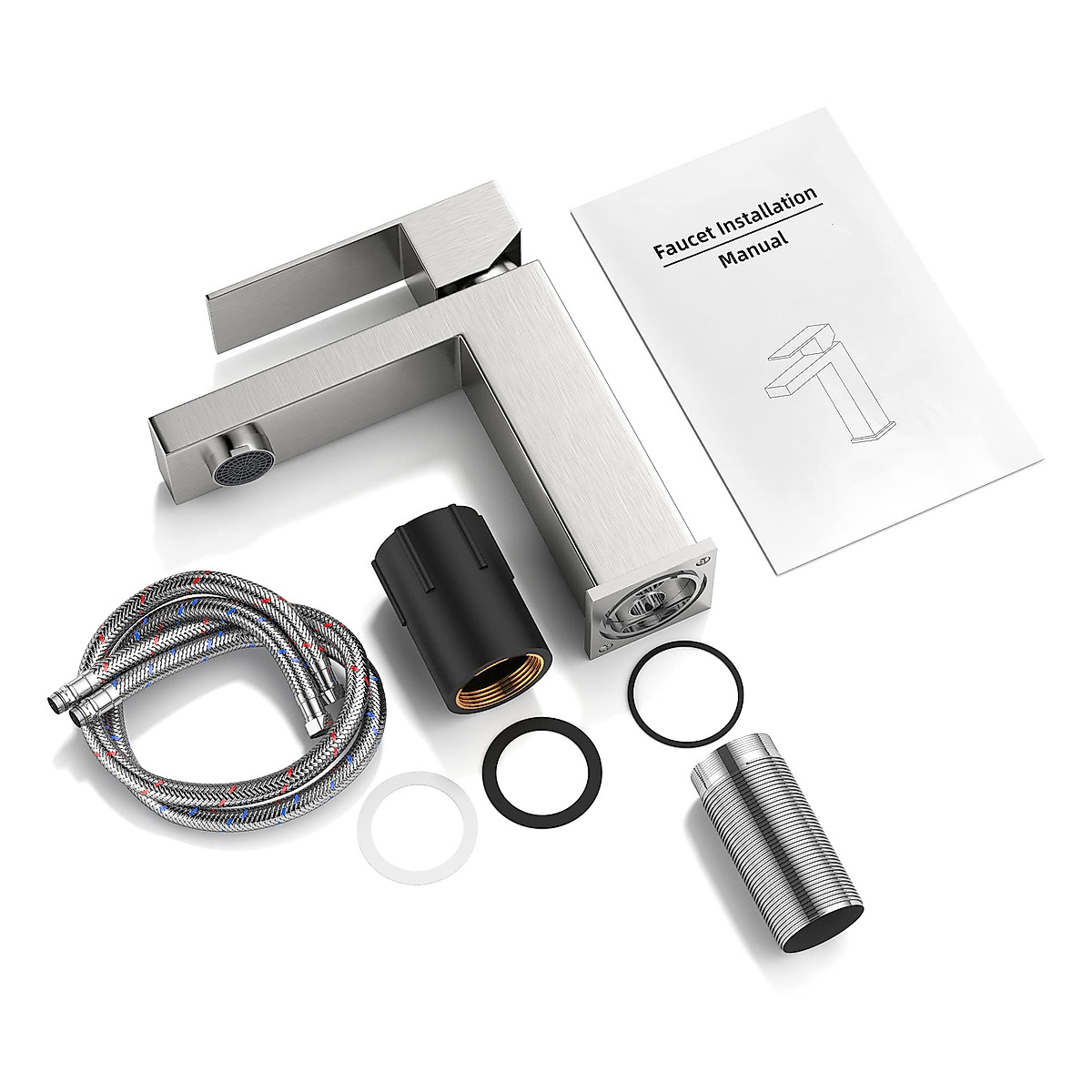 Modern Bathroom Faucet, Kamoson Single Hole Bathroom Sink Brushed Nickel Stainless Steel Fashion Square Faucet Safe Water Supply, Vanity Basin Mixer Tap with Deck Mount