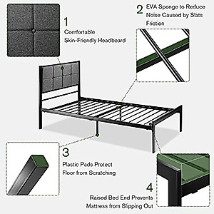 IMUsee Twin Size Bed Frame with Upholstered Button Tufted Headboard, Heavy Duty Platform Bed with 17 Strong Metal Slats Support, 11” Storage Space, Easy Assembly, Noise Free, No Box Spring Needed
