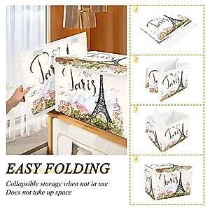 CaTaKu Paris Eiffel Tower Storage Bins with Lids and Handles, Fabric Large Storage Container Cube Basket with Lid Decorative Storage Boxes for Organizing Clothes