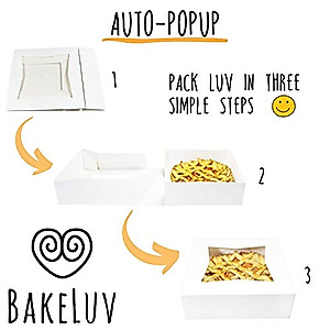 BAKELUV 8x8x2.5” White Bakery Boxes With Window | 12 Pack | Pastry Boxes with Window, Boxes for Strawberries, Dessert Boxes, Bakery Take Out Containers, 8x8 Bakery Boxes 8x8 Pastry Boxes