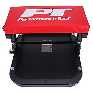 Performance Tool W85021 Folding C-Frame Creeper Rolling Work Seat with Tool Tray for Mechanic Garages and Workshops, Black/Red, 12.5-inch Height