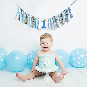 YESSWL 1st Birthday High Chair Banner - Baby Boy First Birthday Decorations High Chair Banner, One Birthday Party Decorations for Rag Tie Fabric Garland, Cake Smash Photo Booth Props Party Supplies((blue High Chair Banner)