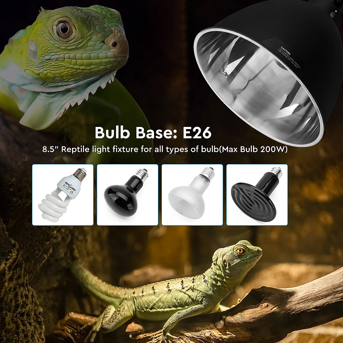 REPTITRIP Deep Dome Reptile Light Fixture 8.5", Reptile Heat Lamp Max 200W, Reptile Tank Lighting Fixtures, Fixture for UVB Reptile Light, Reptile Tank Accessories 2 Packs E26
