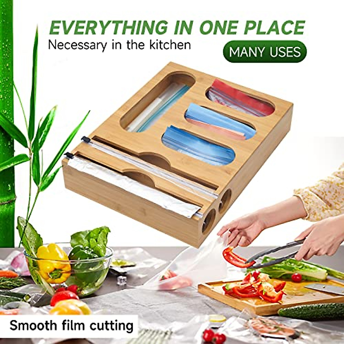 Hisrdomz Ziplock Bag Organizer with Dispensers & Cutters | 6 in 1 Bamboo Drawer Organizer for Ziplock Bags,Suitable for Gallon, Quart, Sandwich & Snack Bag, Cling Film, Aluminum Foil