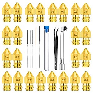 24Pcs MK8 3D Printer Nozzles Extruder nozzles Kit 0.4mm,0.2mm,0.3mm,0.5mm,0.6mm,0.8mm,1.0mm Brass Nozzles with 5Pcs Stainless Steel Cleaning Needle for for Creality CR-10, Ender 3/ pro/v2/5, Prusa i3