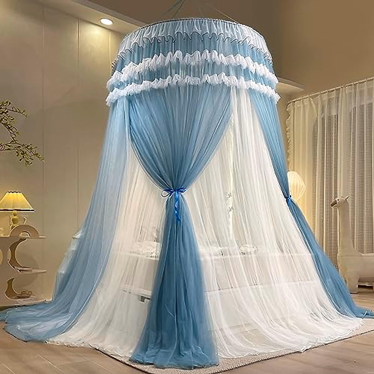 RIRC Bed Canopy Double Dome Canopy Bed Curtains Ceiling Suspension Mosquito Net for Bed Large Size Mosquito Netting Pink Bed Tent Luxury Bedroom Princess Canopy for Girls Bed (Blue)