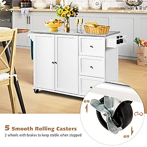 COSTWAY Kitchen Island cart on Wheels, Mobile Serving Cart w/Stainless Steel Countertop, 3 Drawers, 2-Door Cabinet, Adjustable Shelves, Towel Holder & Spice Rack, Utility Trolley on Wheels, White