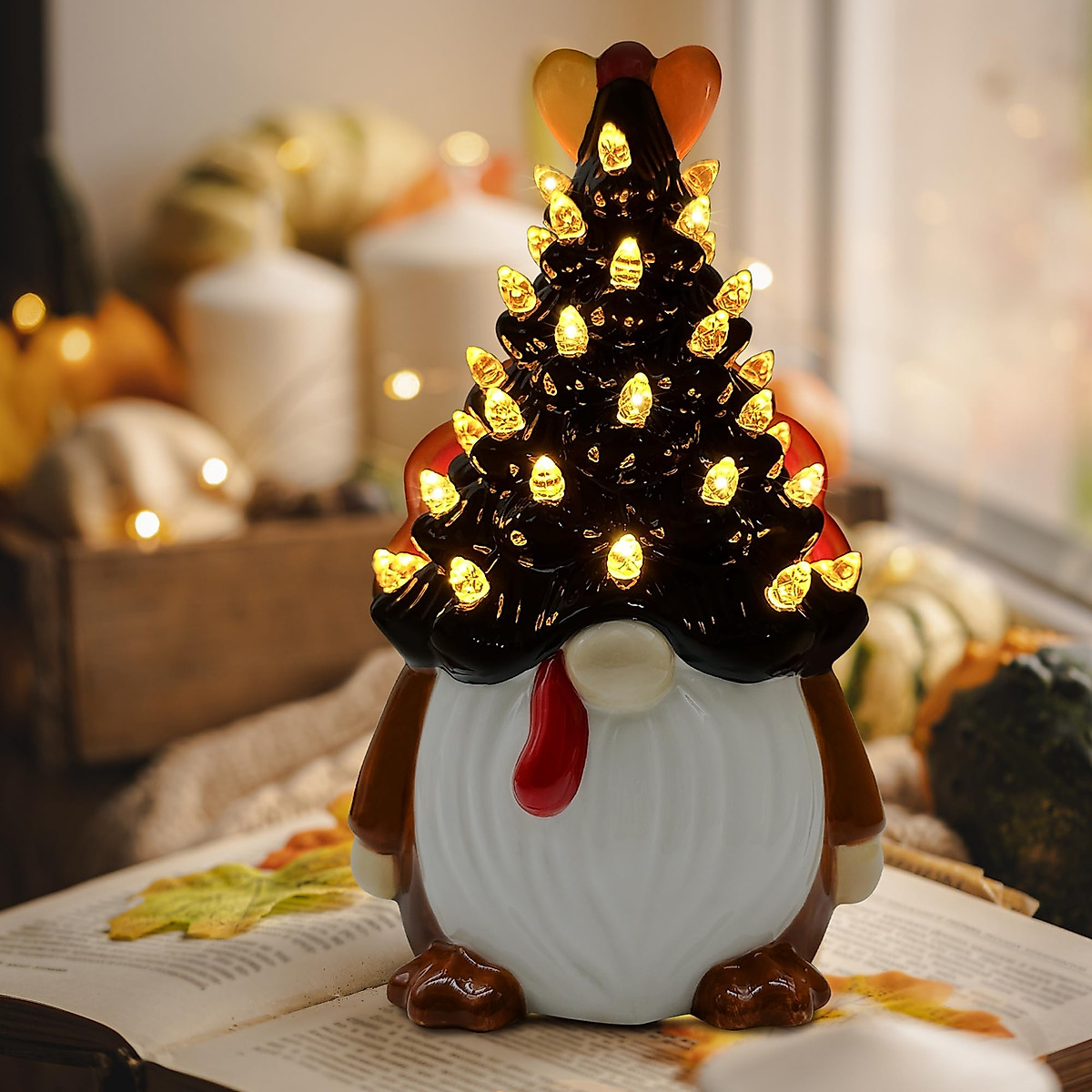 Ceramic Holiday Gnome with Pastel Lights - Thanksgiving Table Decor for Home, Fall Decorations and Gifts for Kids and Women