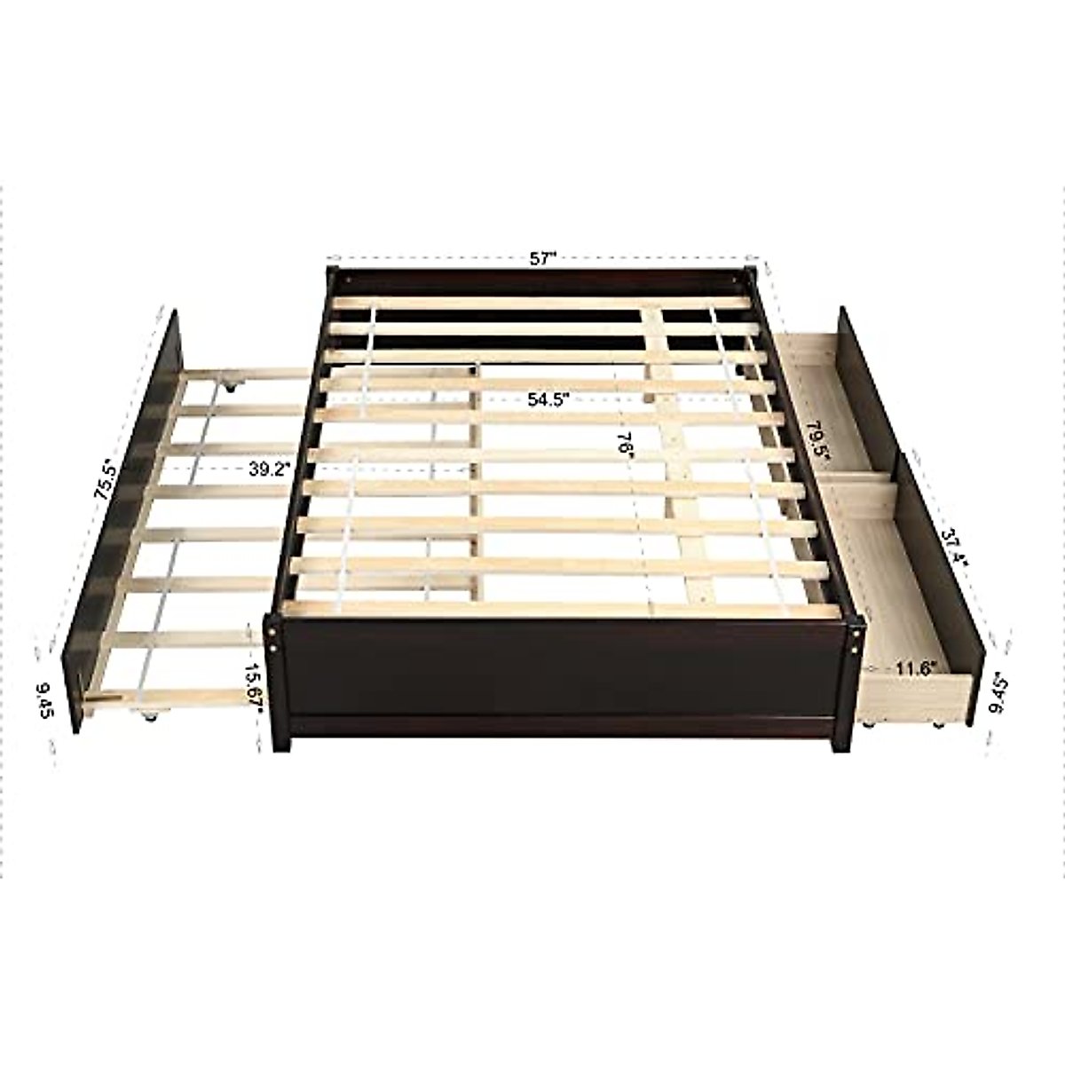 Full Size Bed Frame with Trundle and Storage, Platform Bed with Solid Wood Slat Support, Full Bed Frame with Twin Size Trundle Bed ＆ 2 Storage Drawers, Noise Free, No Box Spring Needed (Espresso)