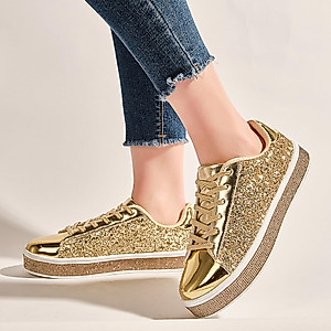 UUBARIS Women's Glitter Tennis Sneakers Neon Dressy Sparkly Sneakers Rhinestone Bling Wedding Bridal Shoes Shiny Sequin Shoes Gold Size 11