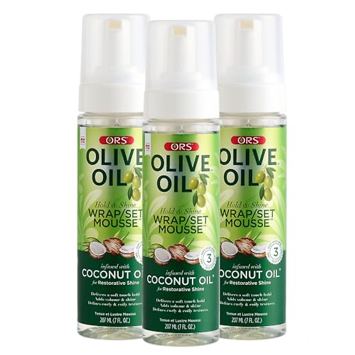ORS Olive Oil Hold & Shine Wrap Set Mousse Infused with Coconut Oil for Restorative Shine 7 Ounce (Pack of 3)