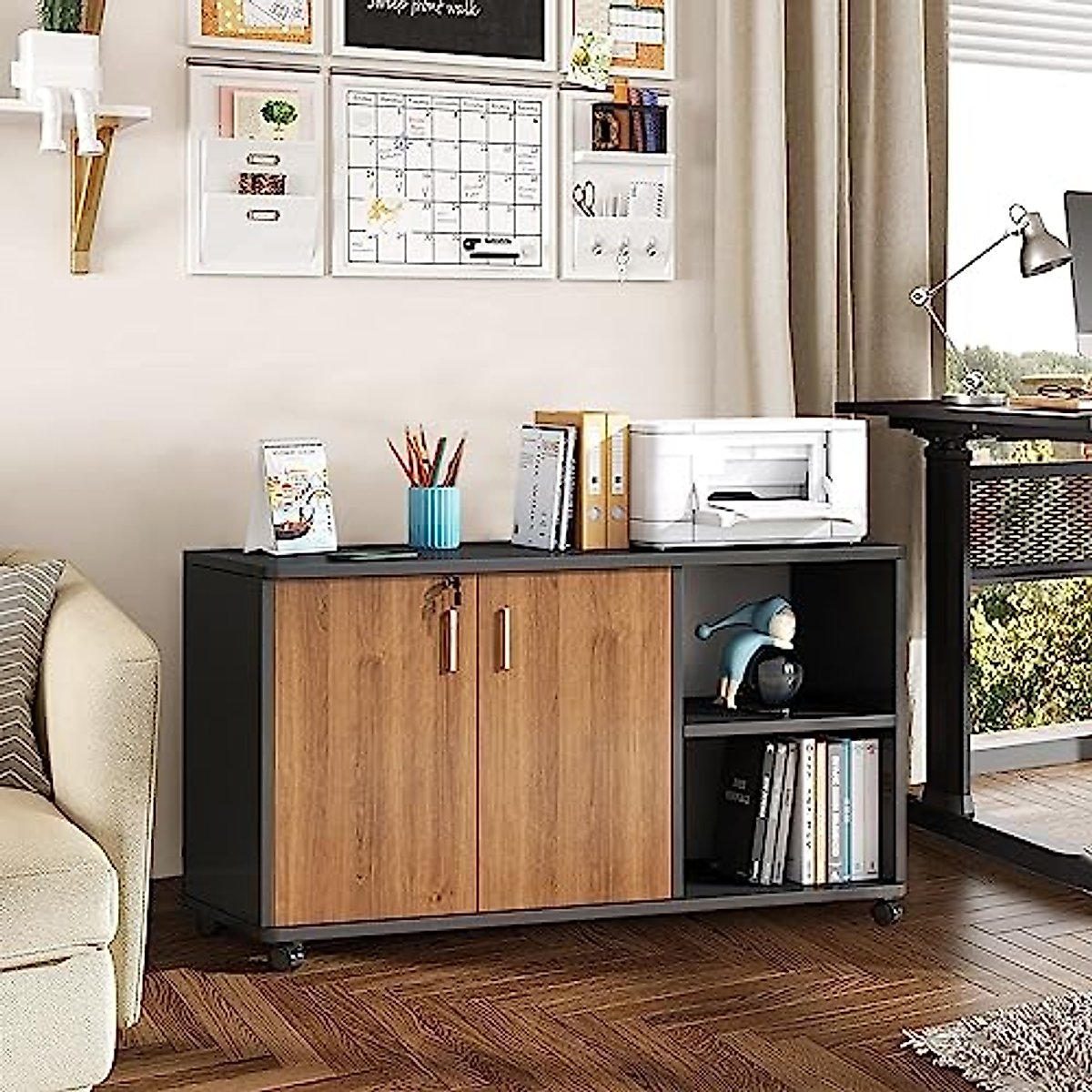 File cabinets for Home Office,Wood File Cabinet with Lock Wheels,Printer Stand with Open Storage,High Capacity File Organizer Multifunctional Mobile Filing Cabinet with Open Storage Shelf Black