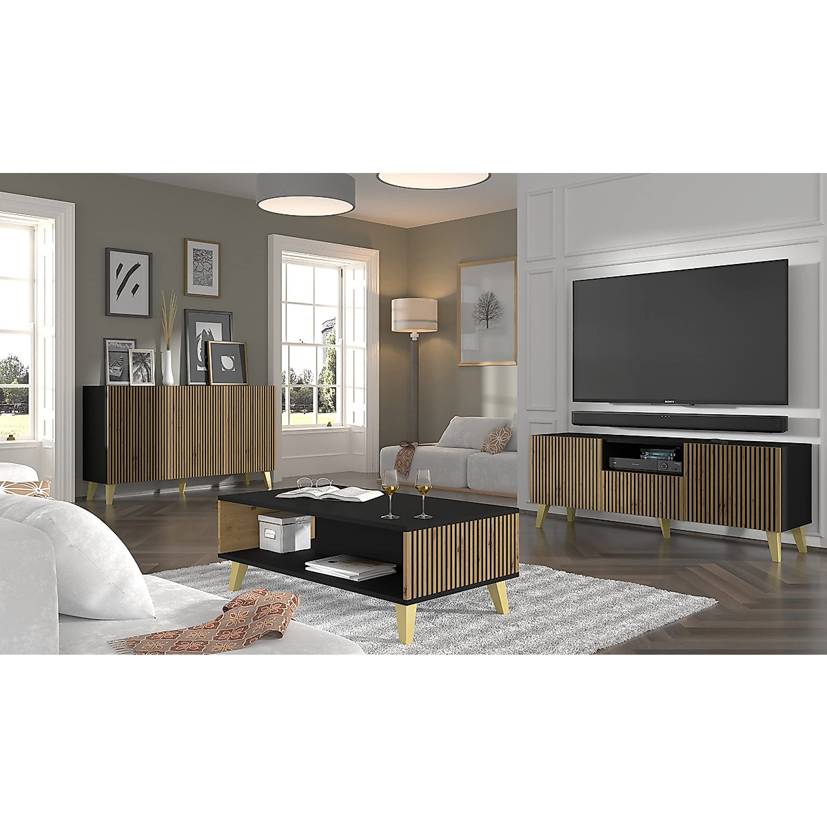 Homlando The Ravenna Living Room 3 Piece Set - TV Stand Ravenna Cabinet - Sideboard Chest of Drawers - Coffee Table - Made in EU Modern Furniture - Black/Natural Oak