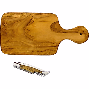 French Home Olive Wood 11-inch Cutting board with a Laguiole Pocket Knife with Cork Screw