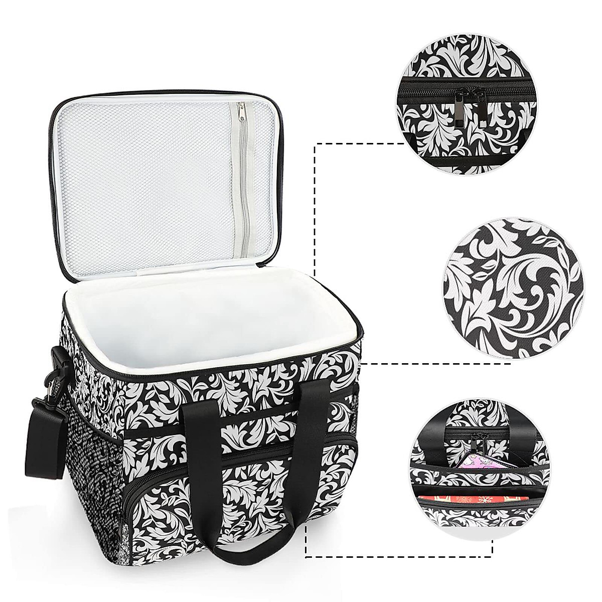 Seamless Gold Baroque, Damask Floral Pattern in Black White Style Insulated Leak proof Cooler Large Capacity Lunch Bag with Adjustable Shoulder Strap for Camping Picnic Reusable Cooler Bag