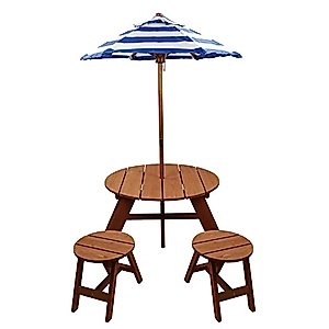 Home Wear Wood Round Table with Umbrella and 2 Chairs Patio Table, Red Wood