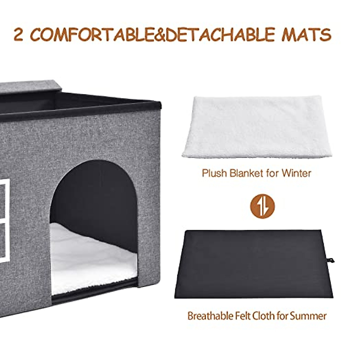 APEXCHASER 2-Tier Cat House, Large Fabric Cubes for Pets Collapsible Warm Cat Condo for Indoor, Cat Shelter with Removable Mat, Easy to Assemble and Storage