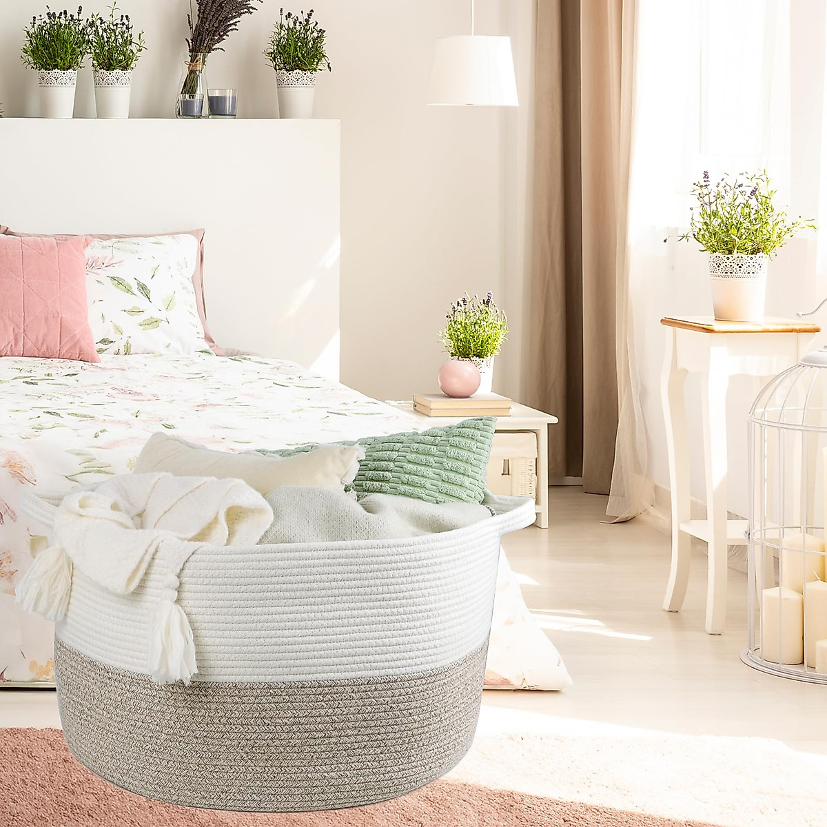 Blanket Basket Living Room, 20"x13" Woven Baskets for Blanket Toy Storage, Cotton Rope Basket for Organizing, Large Laundry Basket for Living Room, Nursery, Pillows, Baby Toy chest