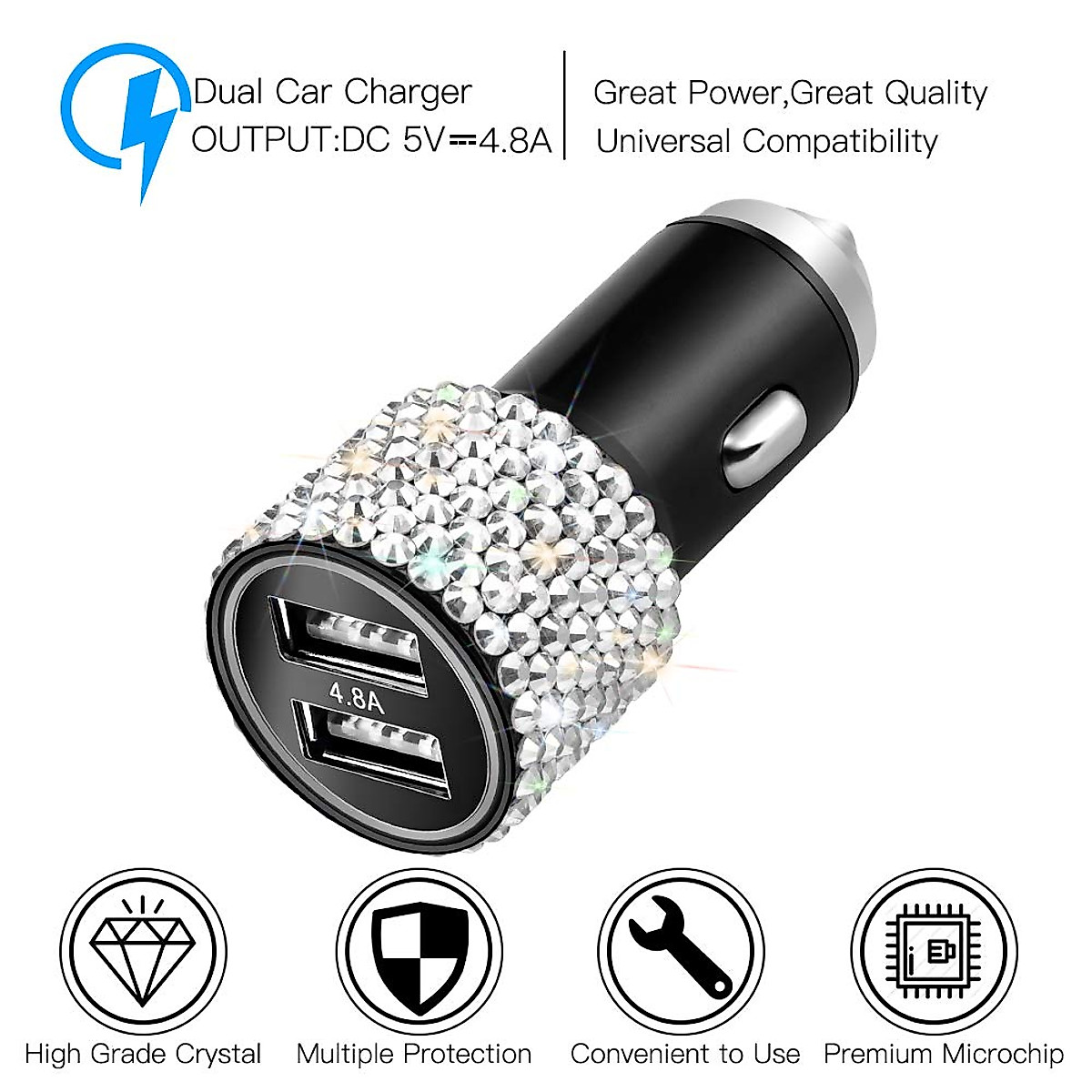 Otostar Dual USB Car Charger, 4.8A Output, Bling Crystal Diamond Car Decorations Accessories Fast Charging Adapter for iPhones Android iOS, Samsung Galaxy, LG, Nexus, HTC (Silver)