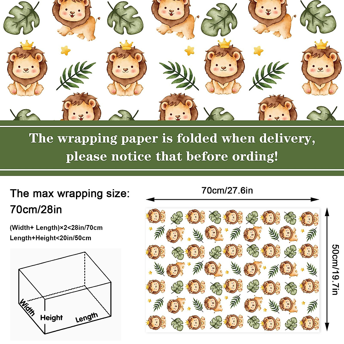 Whaline 12 Sheet Baby Shower Wrapping Paper Jungle Safari Wildlife Gift Wrap Paper Folded Flat Elephant Giraffe Lion Art Paper for DIY Craft Party Decor Wrapping Supplies