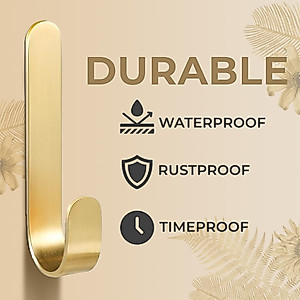 PHILIPCO - 6 Brass Bathroom Wall Hooks for Hanging Towels | Self Adhesive Wall Hooks for Shower Wall | Nailless Hooks for Shower Tile | Damage Free Hanging Hooks Multi Purpose [Stronger Adhesive]