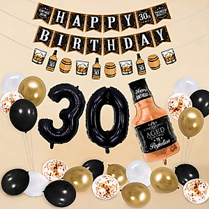 Sinasasspel Whiskey 30th Birthday Decorations Gold & Black Aged to Perfection Birthday Party Banner Whiskey Garland, 27 Balloons for 30 Years Old Party Supplies