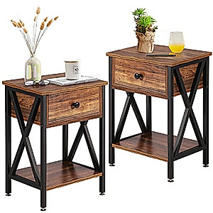 VECELO Set of 2 Nightstands X-Design Side Night Stand Storage Shelf with Bin Living Room Bedroom,Vintage Brown, End Table with Drawer