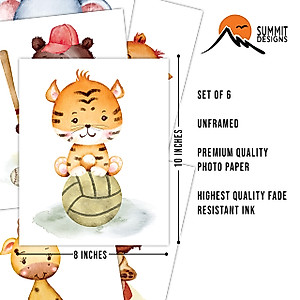 Safari Animal Prints Nursery - Animal Nursery Wall Art, Safari Nursery Kids Prints - Baby Animals Nursery Decor, Little Boys Wall Art - Jungle Nursery Sports Themed Zoo Animals - Set of 6 (8x10)