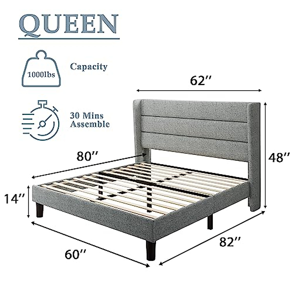 Feonase Queen Bed Frame, Upholstered Platform Bed Frame with Wingback, Wood Slats Support, No Box Spring Needed, Easy Assembly, Noise-Free, Light Gray