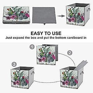 Cacti Succulent Foldable Storage Bins Printd Fabric Cube Baskets Boxes with Handles for Clothes Toys, 11x11x11