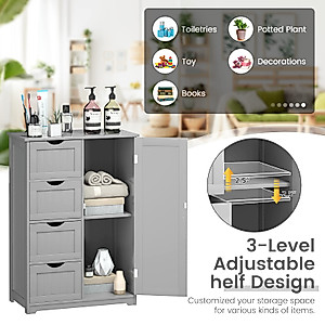 COSTWAY Bathroom Storage Cabinet, Wooden Freestanding Storage Cupboard Organizer with 4 Drawers & Adjustable Shelf, Modern Floor Cabinet for Living Room, Bathroom, Kitchen, Entryway (Grey)