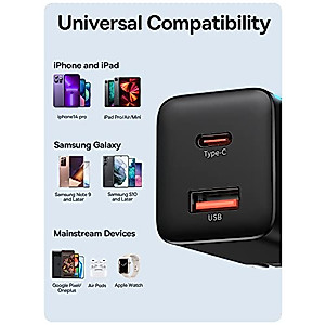 USB C Charger, Baseus 30W Dual Port USB C Charger Block, Fast Compact PD Charger with Foldable Plug for iPad Pro/Air/Mini, iPhone 14/14 Pro/14 Pro Max/13 Pro/12/SE/11/XR/XS, Samsung, Pixel 6, Black