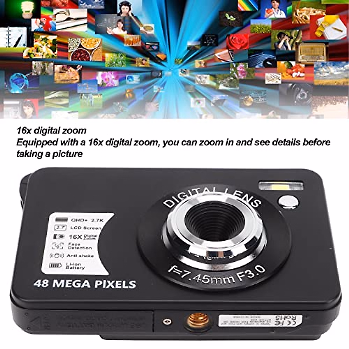 Jopwkuin HD Digital Camera, Digital Camera 2.7K 48MP Rechargeable Data Transmission Plastic Metal Built in Fill Light for Selfie