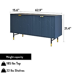 DG Casa Hemsby Mid Century Modern 4 Art Deco Doors Storage Compartment Gold Metal Handle Pull & Feet Buffet Cabinet Table Furniture for Living Room Kitchen Dining Entryway Hallway - Sideboard in Blue