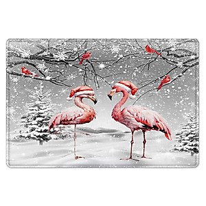 LB Winter Snow Forest Bath Mat Pink Flamingo with Christmas Hat Area Rug for Bathroom Red Cardinal Grey Tree Doormat Non Slip Memory Foam Super Absorbent Floor Mats,24Wx16H Inch