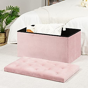 B FSOBEIIALEO Folding Storage Ottoman, Long Ottomans Shoes Bench, Velvet Storage Chest Footrest Seat 31.5"x15.7"x15.7" (Pink, Large)