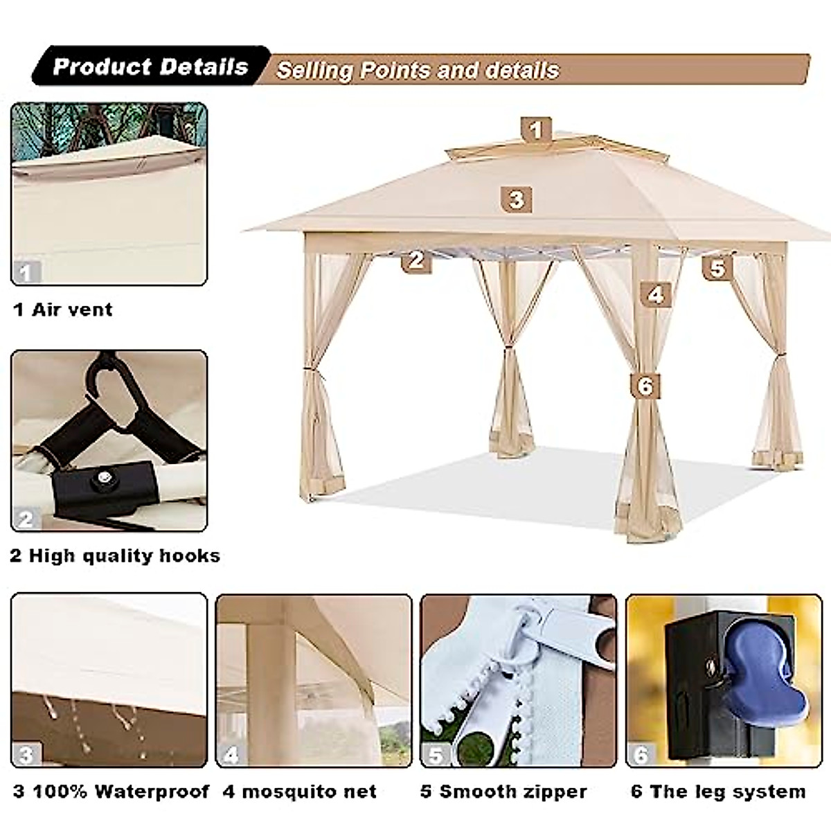 JKING 13'x13' Pop Up Gazebo with Mosquito Netting,Outdoor Gazebo Canopy Tent for Backyard Patio Deck Porch Garden Parties and Events with Roller Bag,4 Sand Bags,8 Stakes & 4 Ropes,Beige