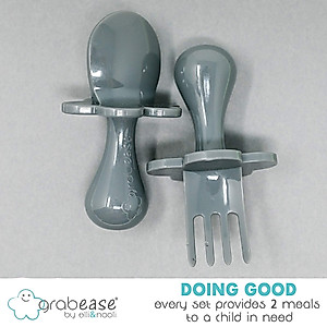 GRABEASE Bundle of 2 First Self Feed Baby Utensils with a Togo Pouch - Anti-Choke, BPA-Free Baby Spoon and Fork Toddler Utensils for Led Weaning Ages 6 Months+ Teal and Grey