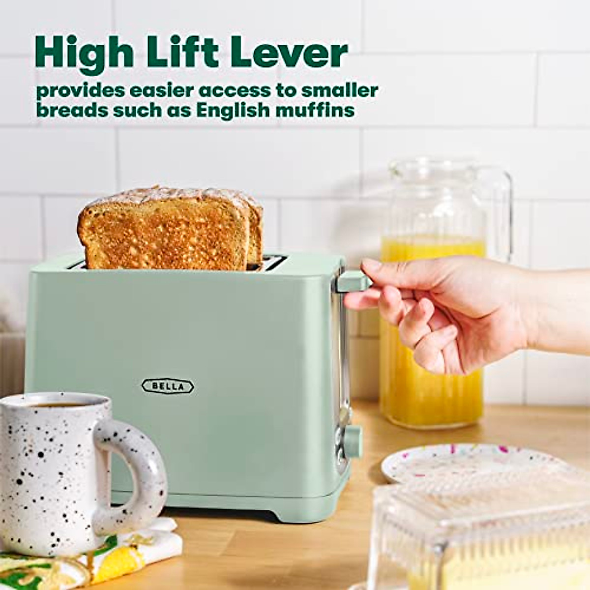 BELLA 2 Slice Toaster with Auto Shut Off - Extra Wide Slots & Removable Crumb Tray and Cancel, Defrost & Reheat Function - Toast Bread, Bagel & Waffle, Sage
