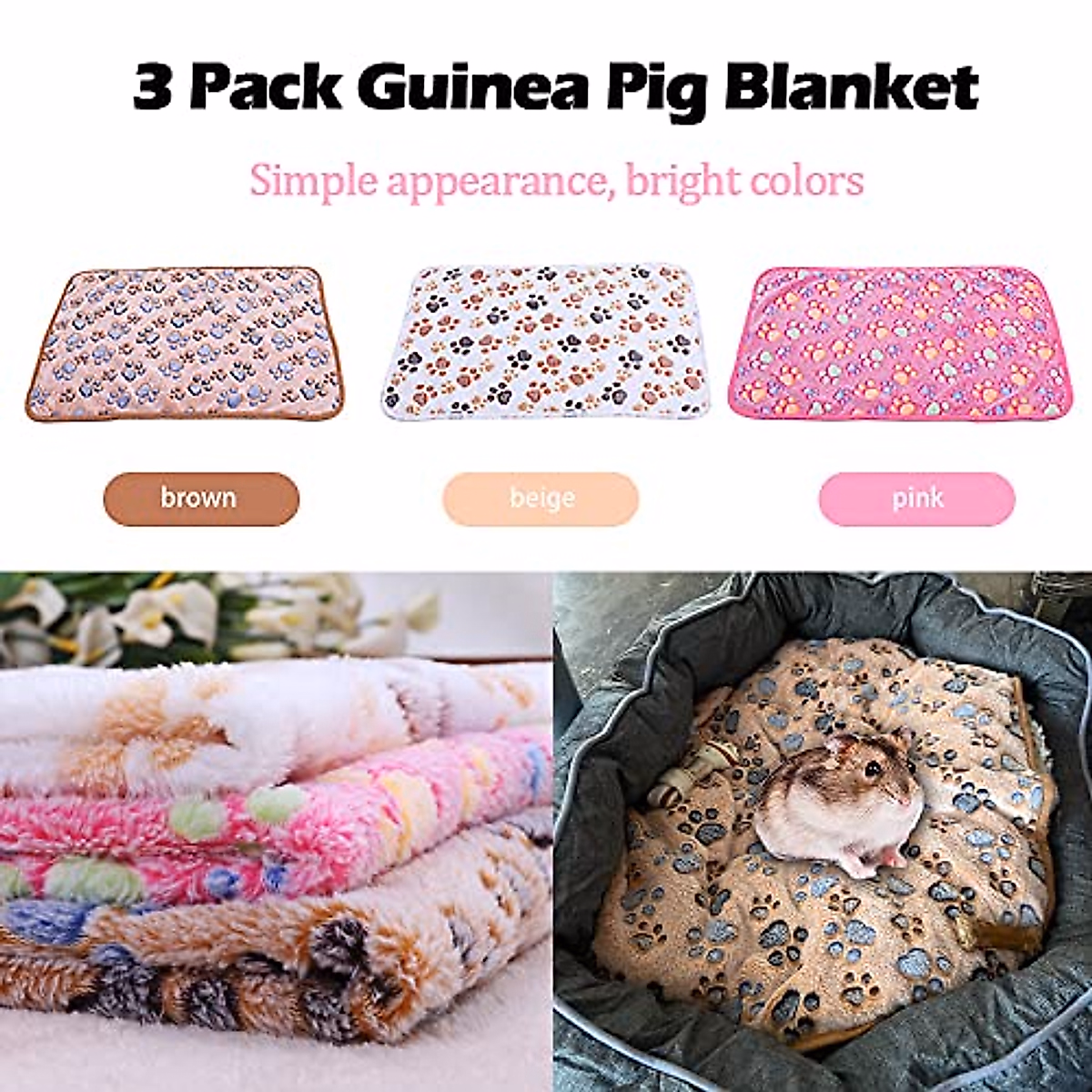 IAIGOGO Guinea Pig Blanket 3 Pack Small Animal Fleece Cage Liners Pet Warm Sleep Bedding Mat Hamster Carpet Bath Towel Quilt Cage Pad for Hamster Rabbit Ferrets Chinchillas