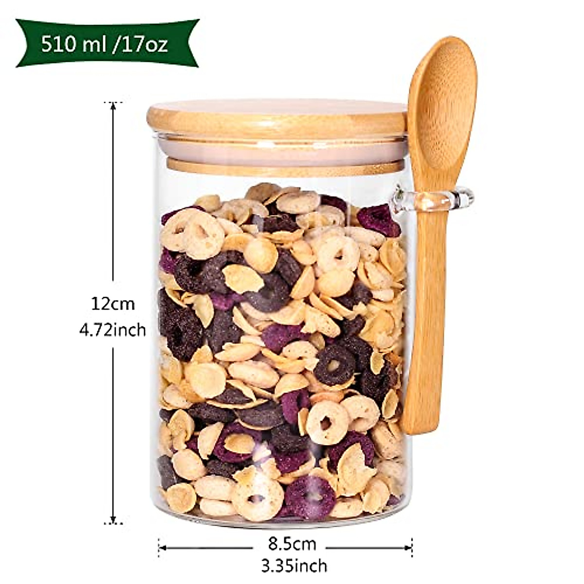 CZFWin Glass Jars with Bamboo Lids and Wooden Spoons Set of 4, Coffee Tea Sugar Container Set for Loose Tea Canister Storage, Overnight Oats Containers with Scoop for Seasoning, Coffee, Yogurt