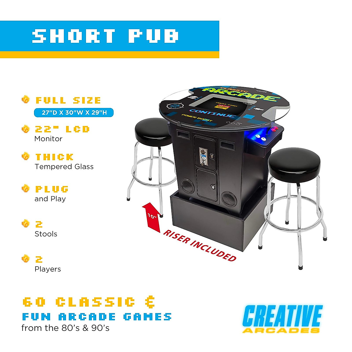 Creative Arcades Full Size Commercial Grade Cocktail Arcade Machine w/Base Riser | 2 Player | 60 Games | 22" LCD Screen | Round Glass Top | 2 Sanwa Joysticks | 2 Stools Included | 3 Year Warranty