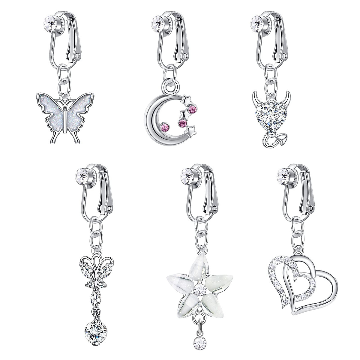 Anicina Fake Belly Ring for Women CZ Clip on Fake Belly Piercing Dangling Surgical Steel Fake Belly Button Ring Fake Earrings Silver