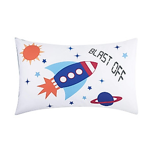 EVERYDAY KIDS Blast Off in Outer Space Twin Size Bed Sheet Set for Kids with Galaxy Design of Rockets and UFOs; Boys 3-Piece Twin Size Sheets Set Includes Flat Sheet, Fitted Sheet and Pillowcase